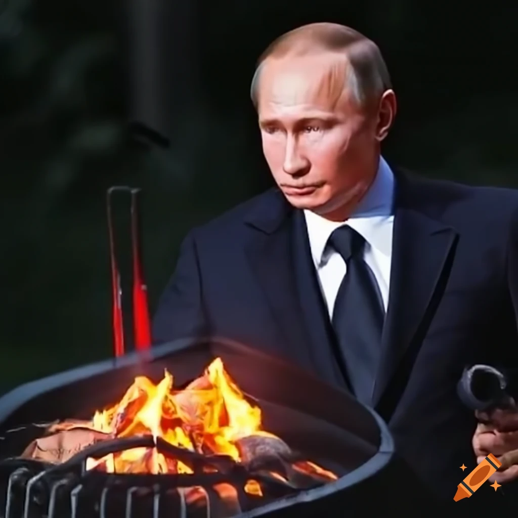 Vladimir Putin cooking near a grill on Craiyon