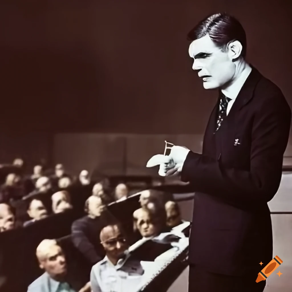 Color photograph of Alan Turing lecturing to robots on Craiyon