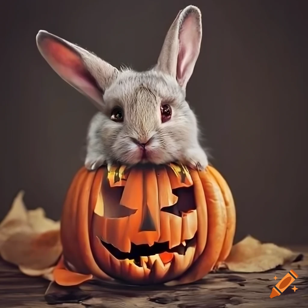 Photograph of a rabbit in a pumpkin dress