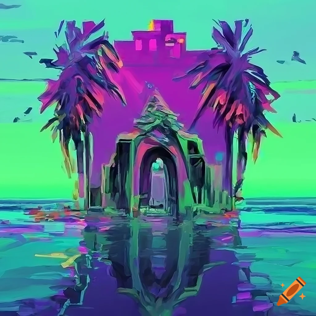 Colorful acrylic painting of a tropical island with a castle and ...