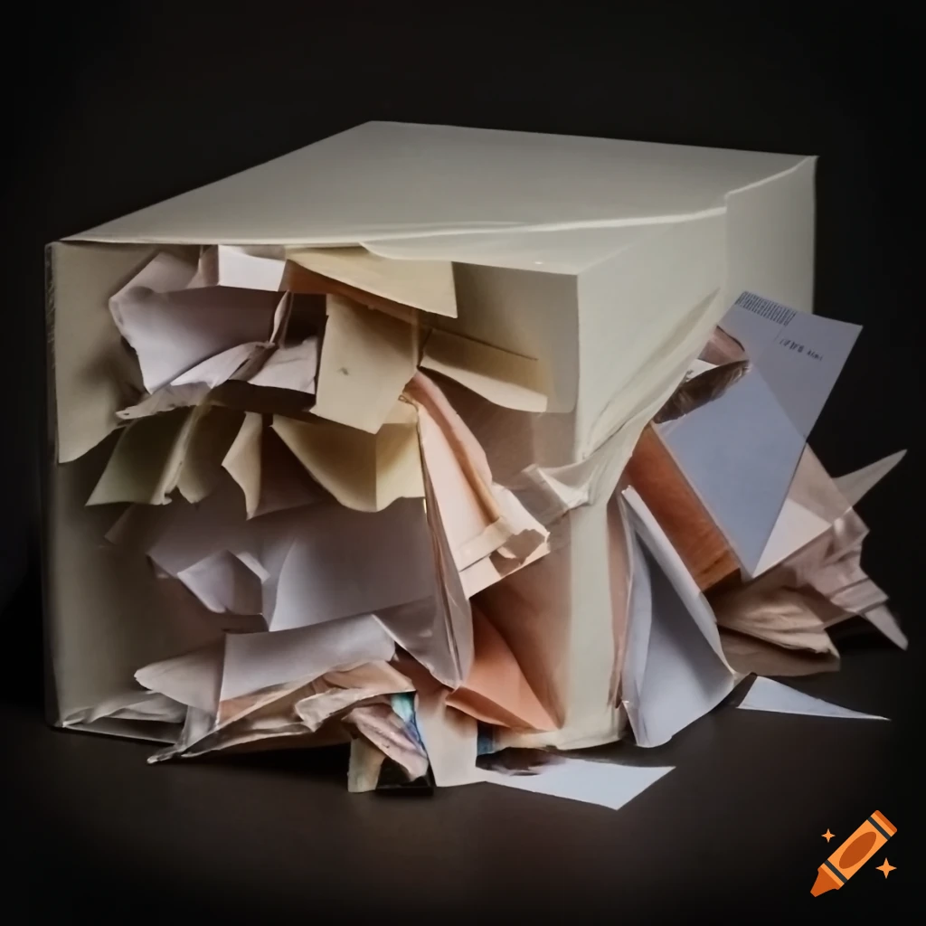 A messy desk with papers spilling out of a small box on Craiyon