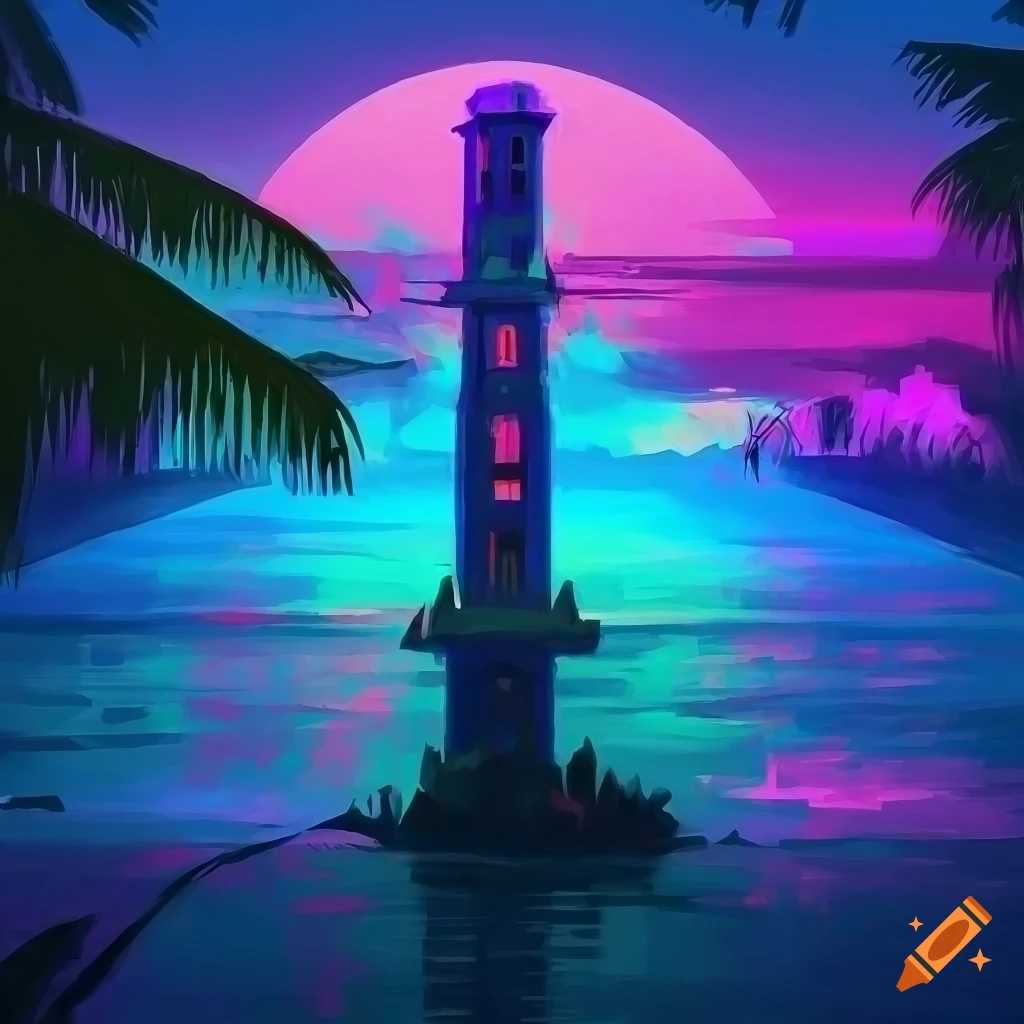 Acrylic painting of a tropical island with a small castle on Craiyon