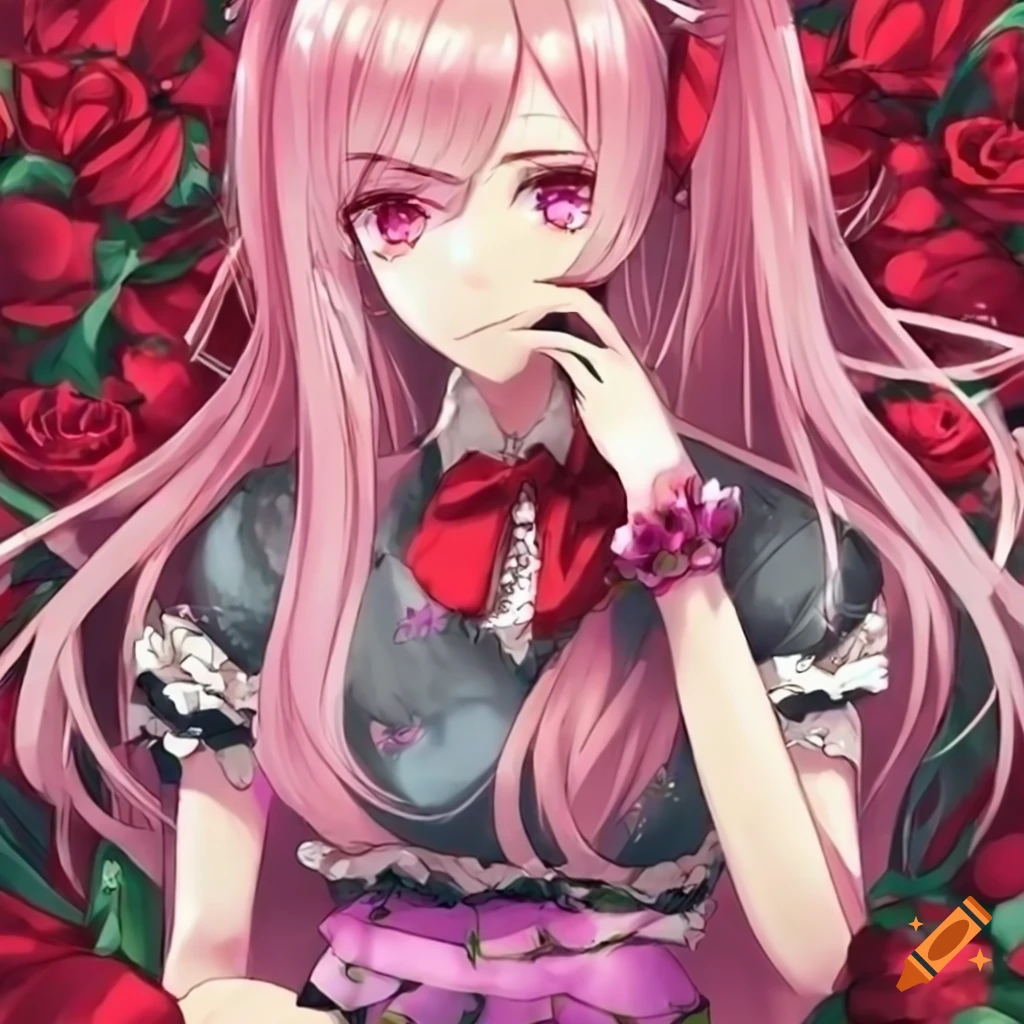 Anime girl with pink hair and red roses on Craiyon