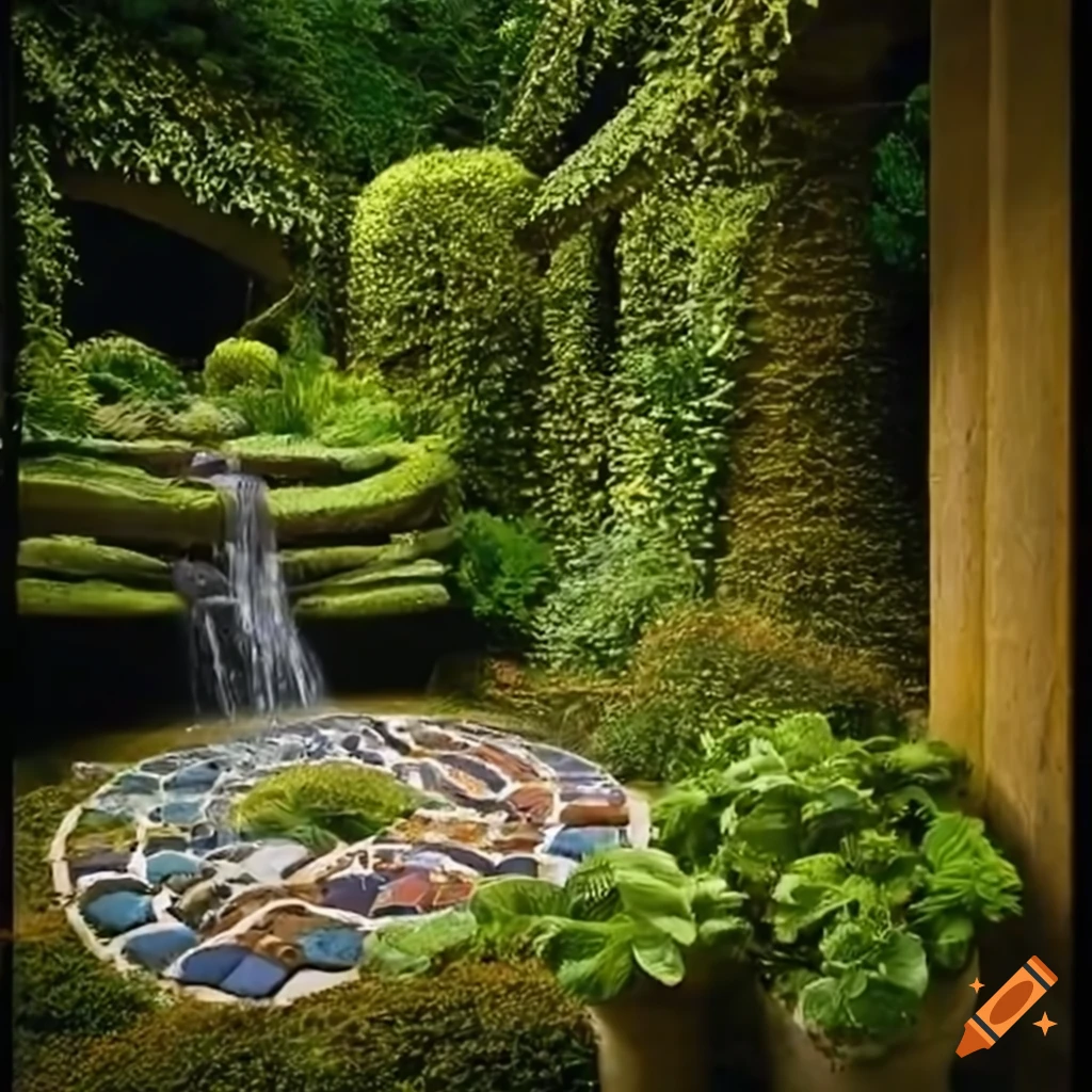 Garden with interwoven mosaics and cascading plants on Craiyon