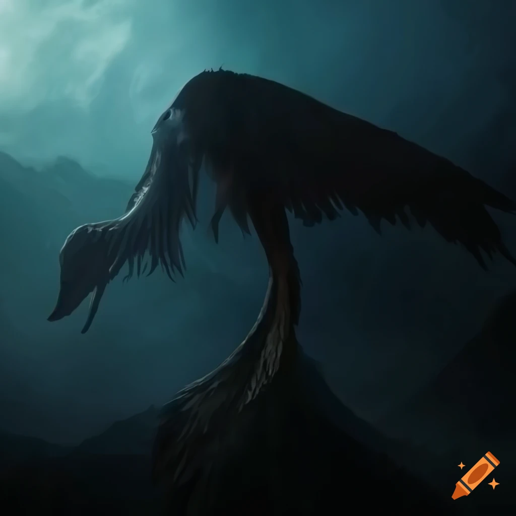 Mystical creature with feathered body in front of mountains on Craiyon