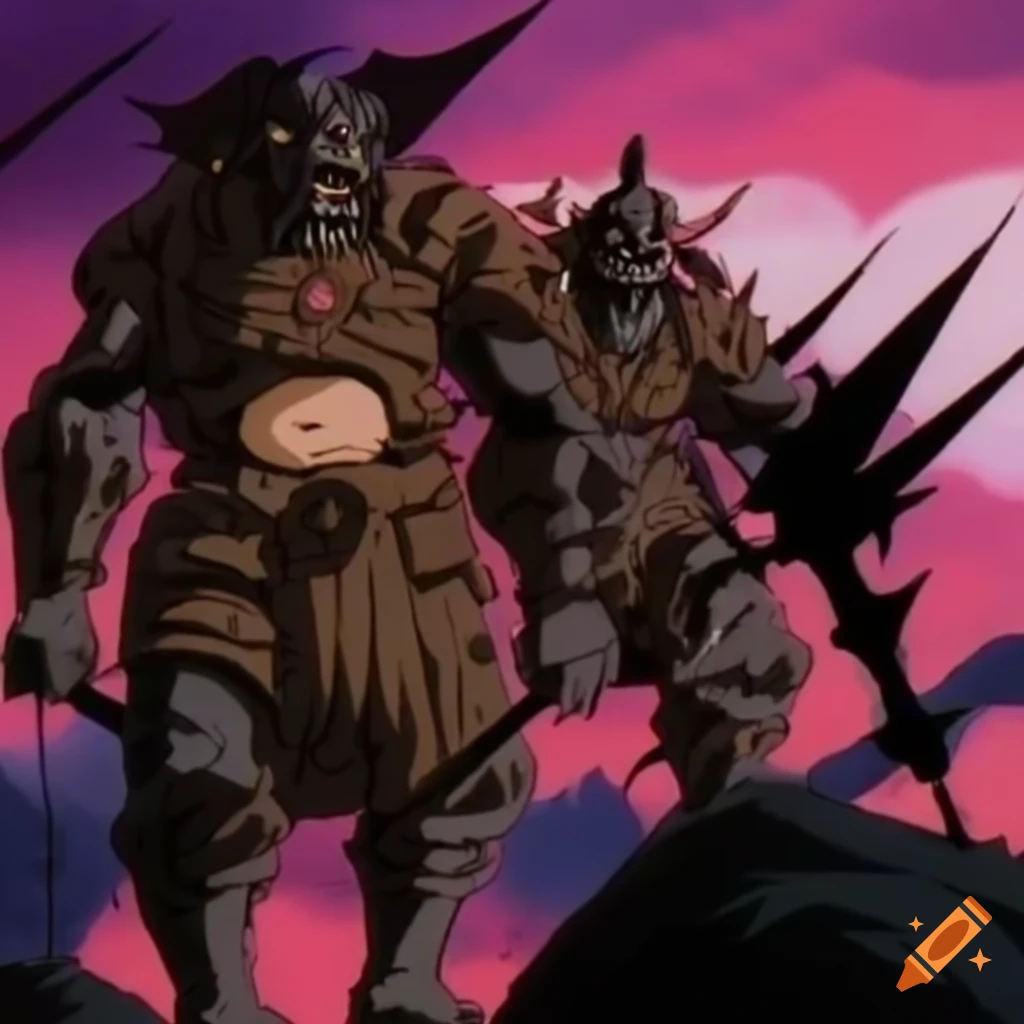 Dark fantasy anime artwork of an orc army marching through hills on Craiyon