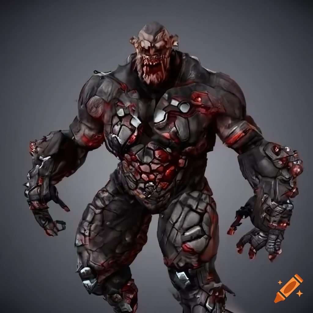 Sci-fi black stone armored golem cyborg elf-ogre with red glowing ...