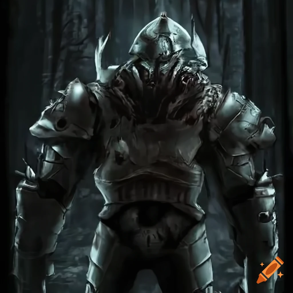 Image of creepy power armor in a dark enclave on Craiyon