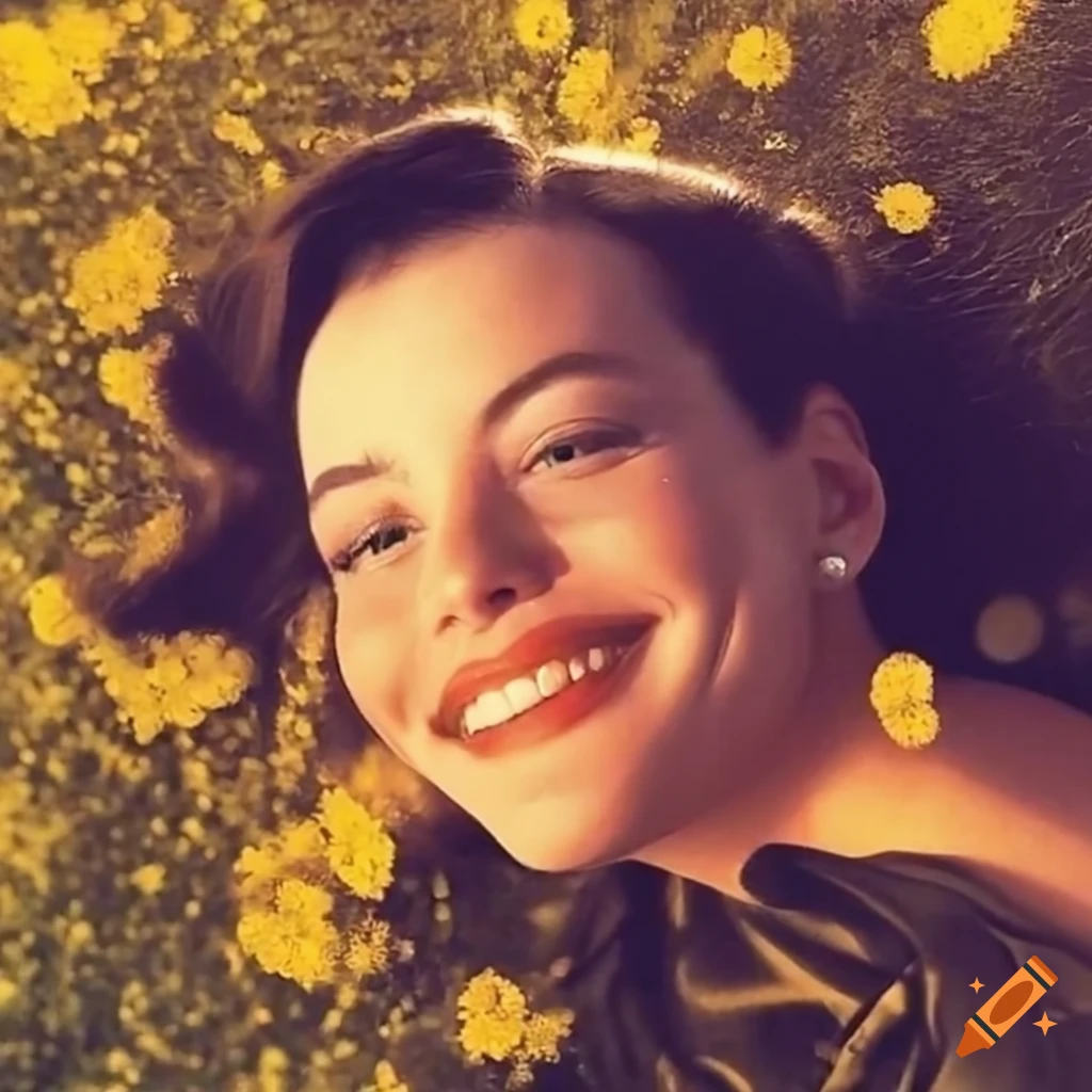 1950s style aerial shot of a smiling liv tyler in a meadow