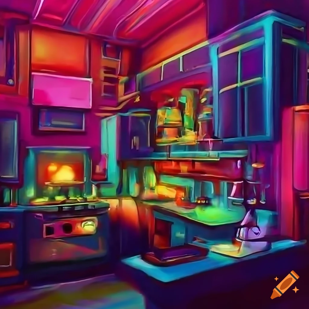 Colorful cyber punk kitchen illustration on Craiyon