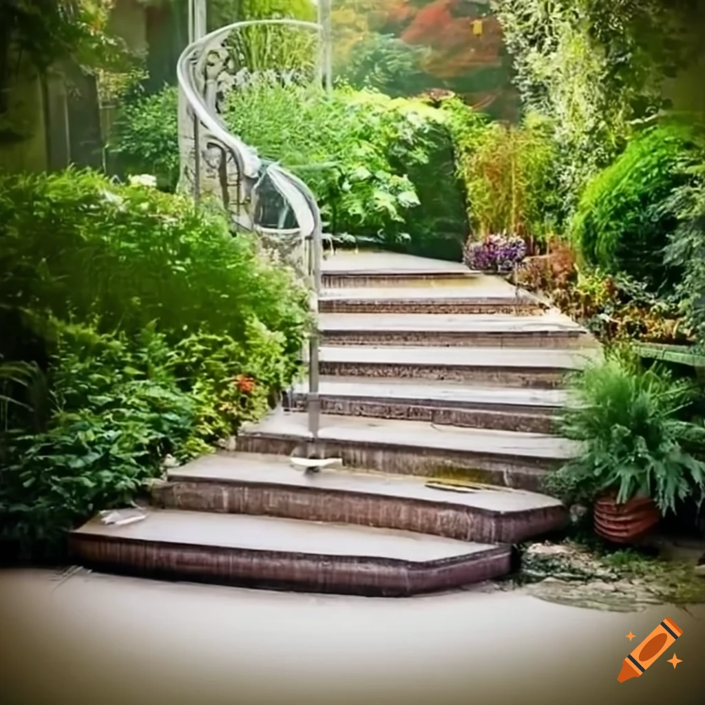 Silver staircase in garden leading to a balcony in pond on Craiyon