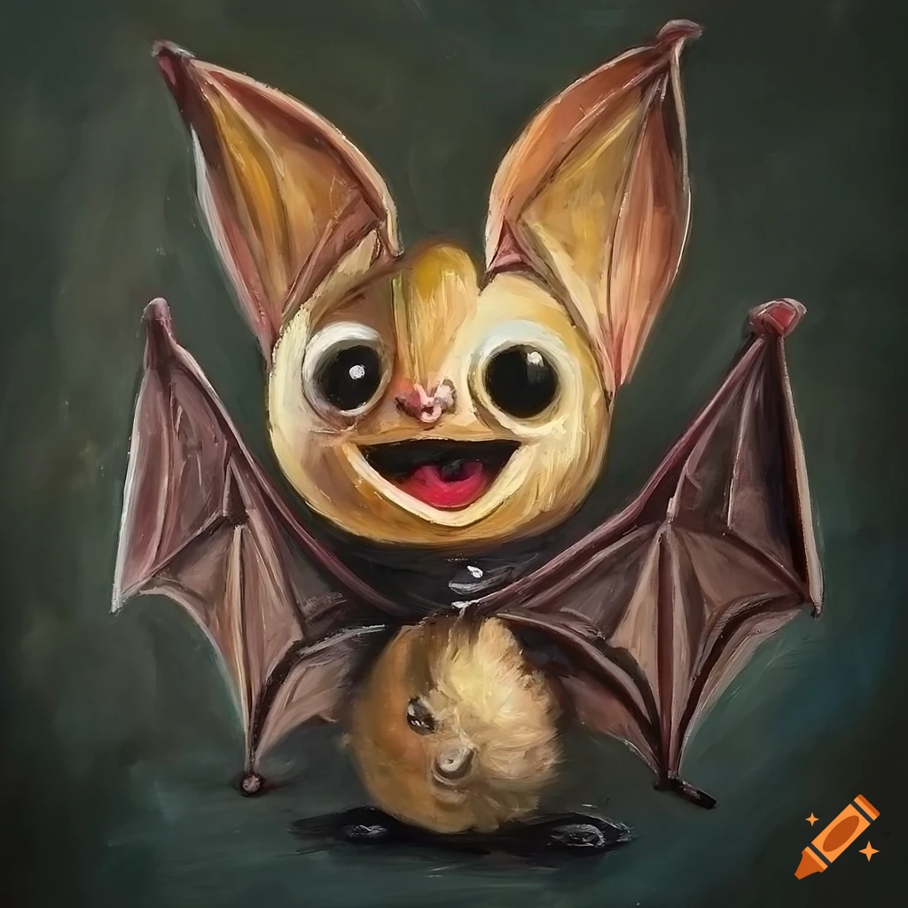 Detailed oil painting of a happy chibi bat on Craiyon