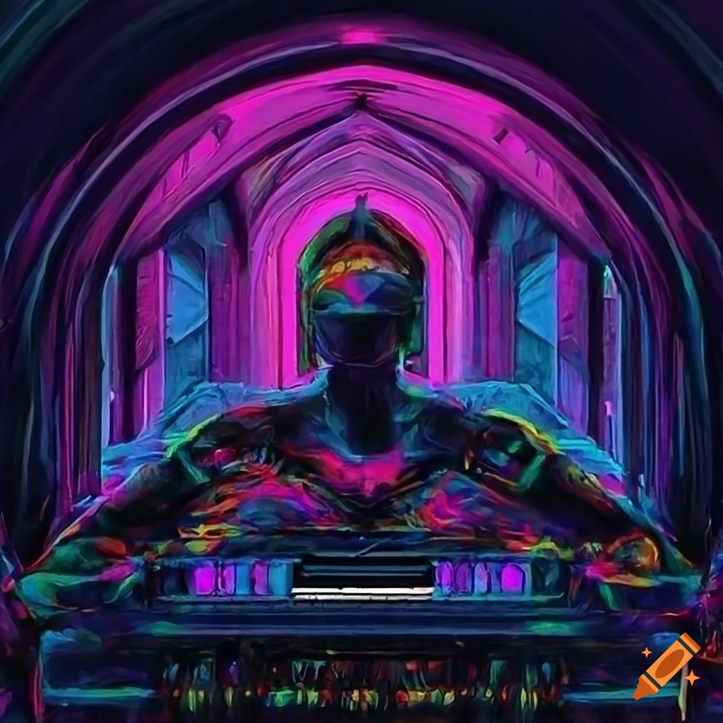 Cyberpunk digital painting of Last Supper with grand piano table on Craiyon