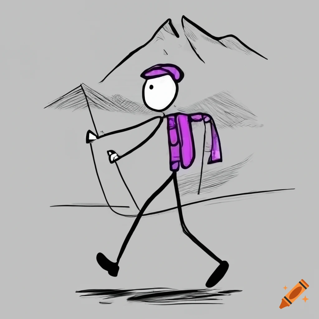 Stick figure hiker climbing a mountain in a purple flannel shirt on Craiyon