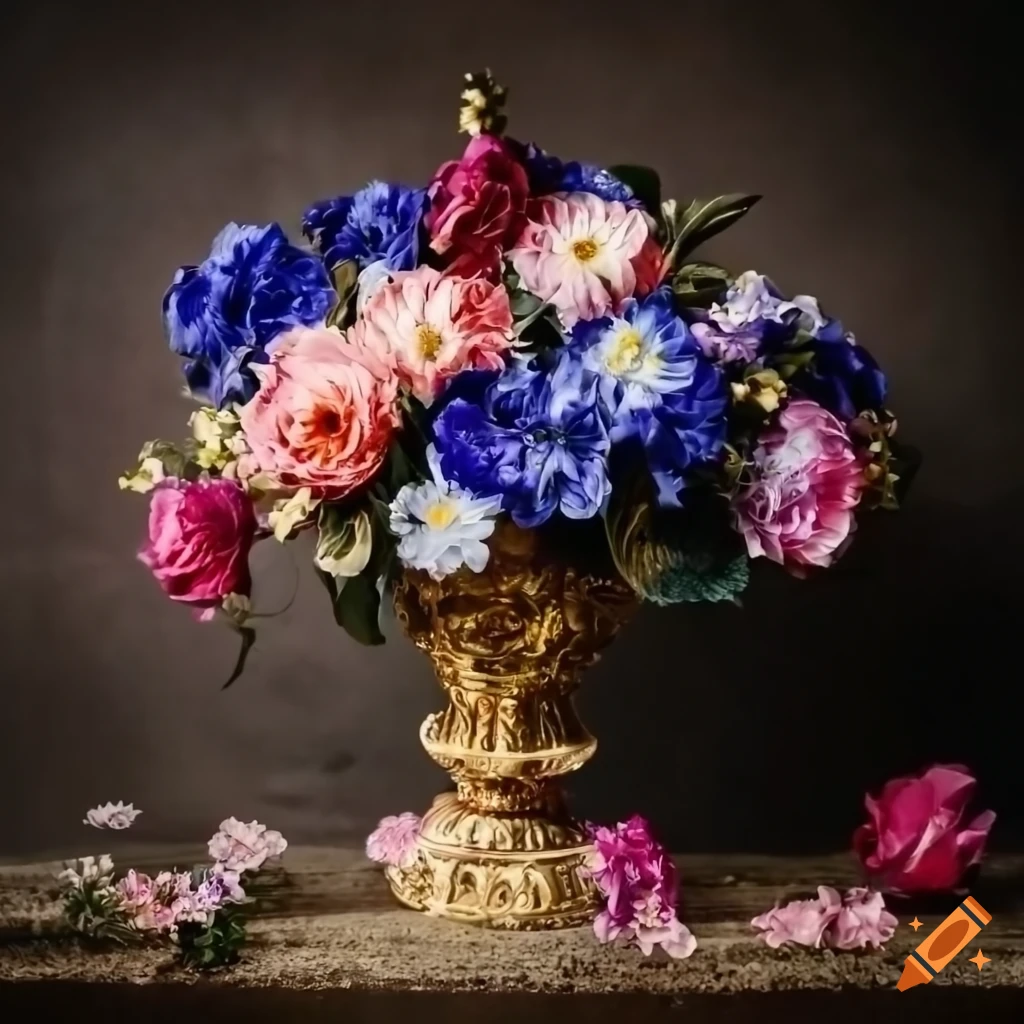 Colorful baroque flower arrangement in a vintage vase on Craiyon