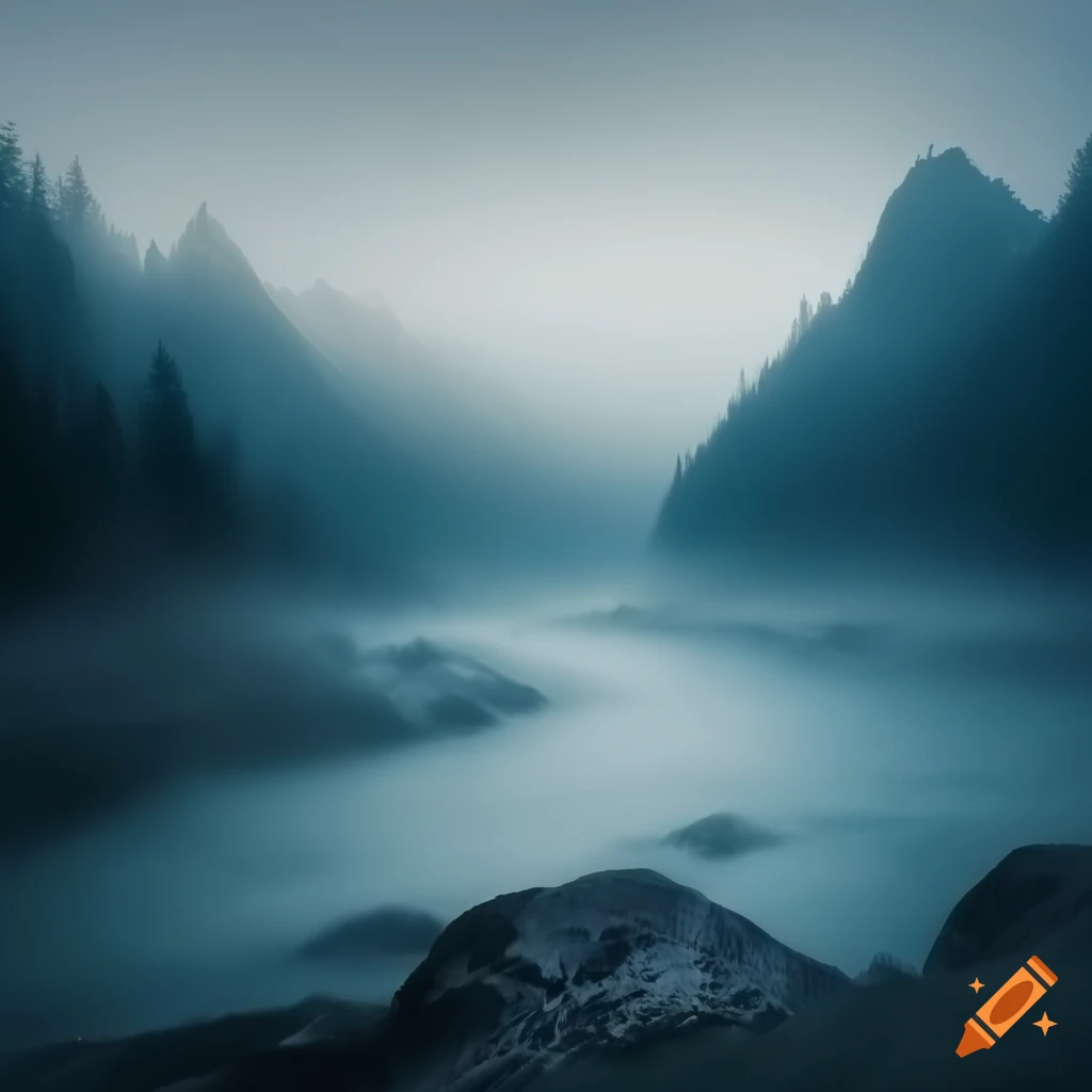 Misty river flowing through majestic mountains on Craiyon