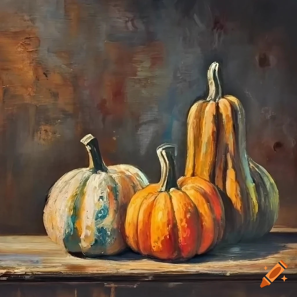 Colorful rustic pumpkins and gourds on a wood table on Craiyon