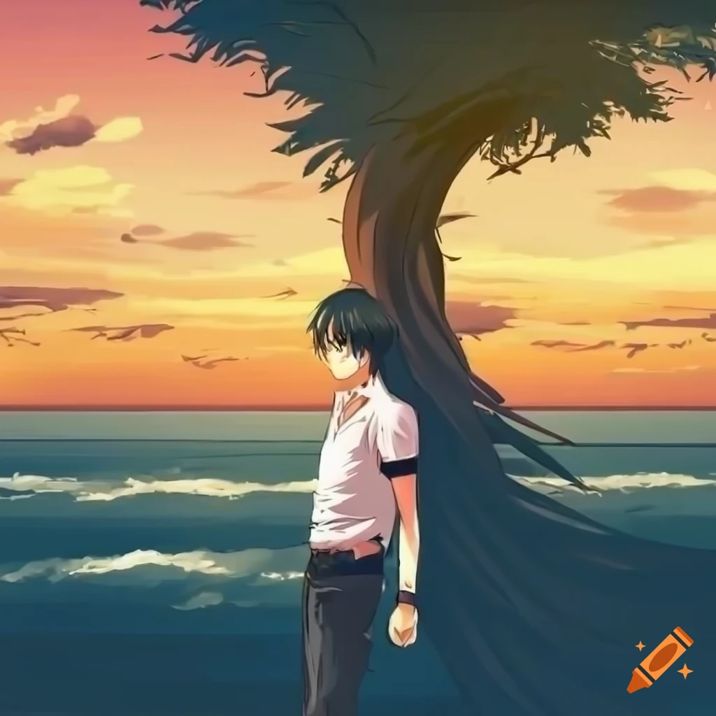 Anime man leaning against a tree with a scenic background on Craiyon