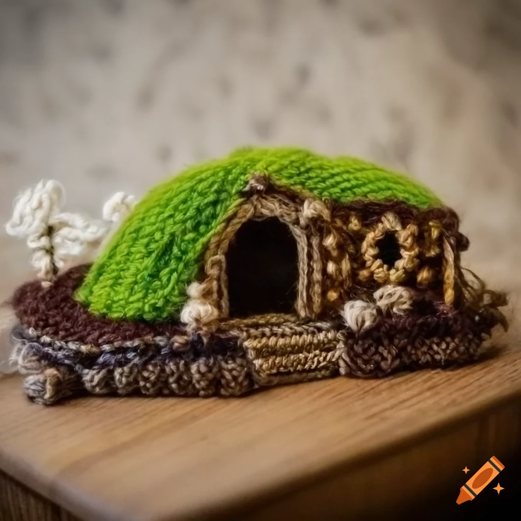 Crocheted miniature hobbit house on a table on Craiyon