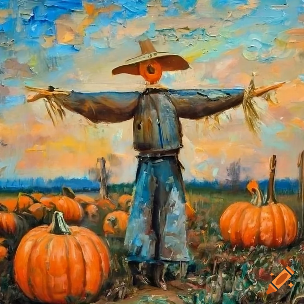 Moody oil painting of a scarecrow in a pumpkin field on Craiyon