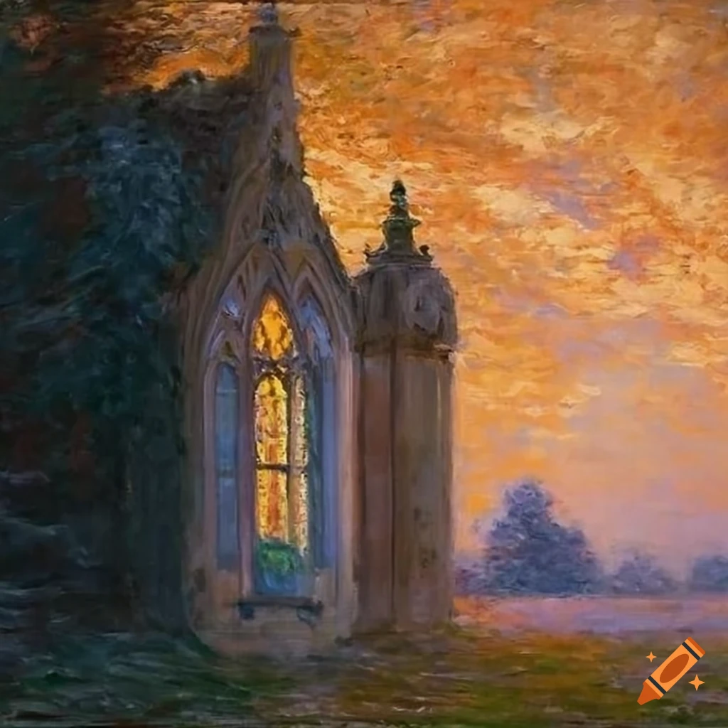 Monet painting of a garden with a gothic window