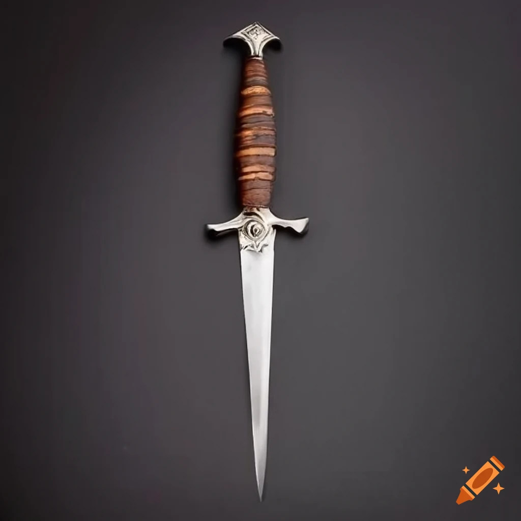 Silver double-bladed dagger with a leather-wrapped shaft on Craiyon