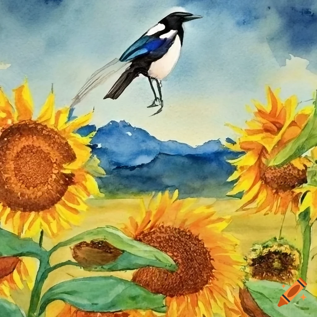 Watercolor of a magpie and crow surrounded by sunflowers on Craiyon