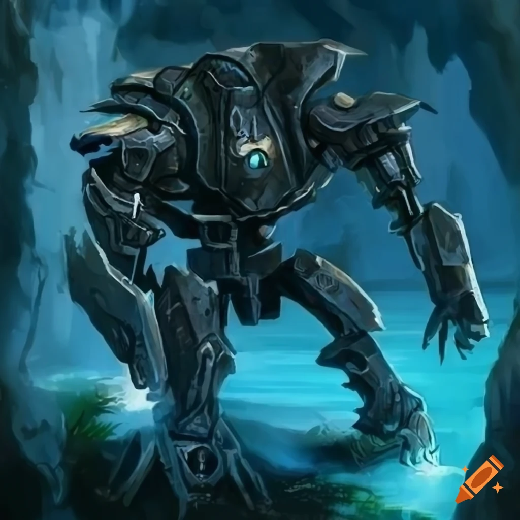Illustration of a black robot in a blue cave on Craiyon
