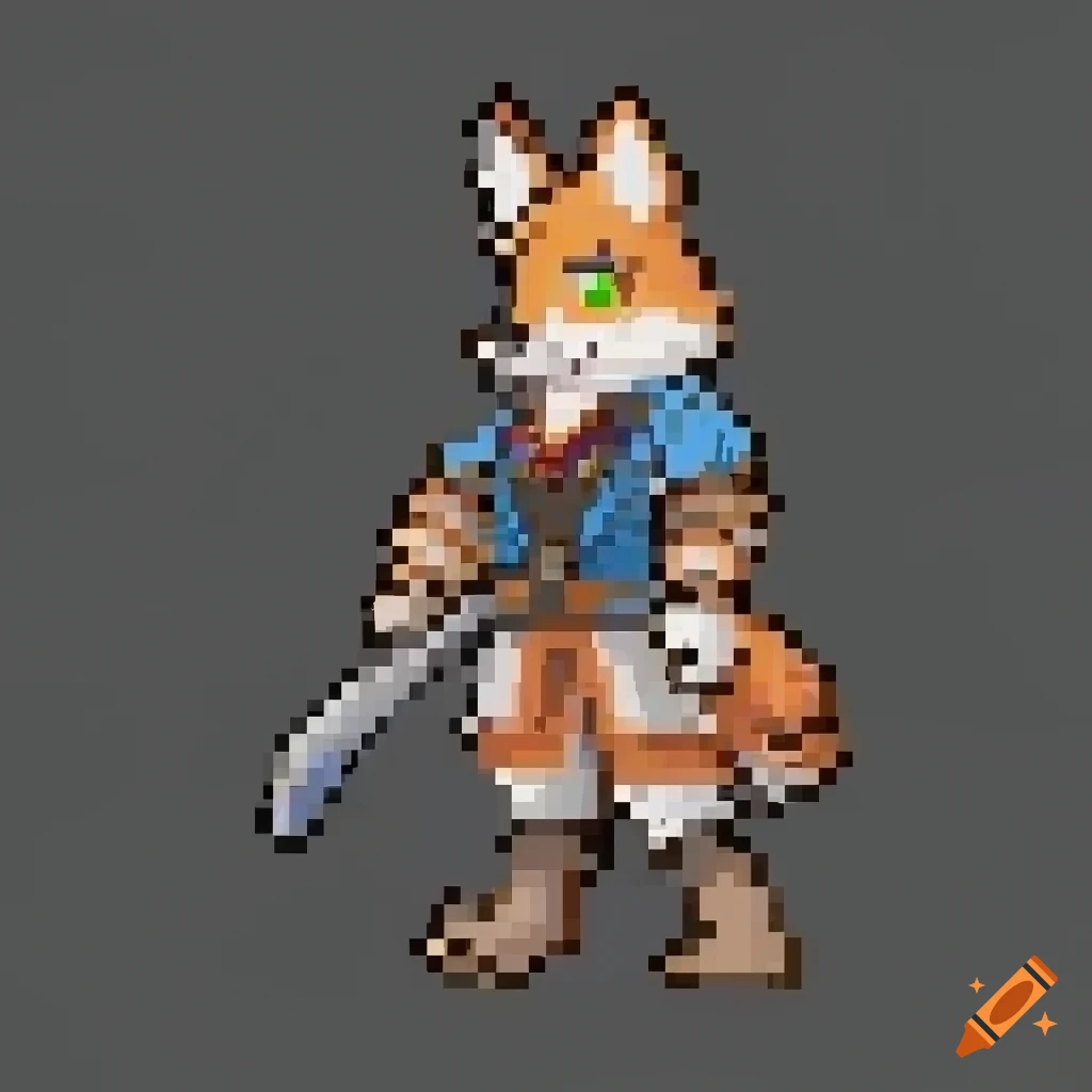 Pixel art of a male fox furry with a sword on Craiyon
