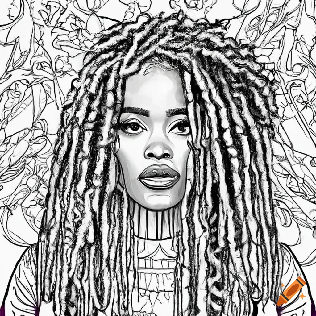 Outline coloring page of a woman with dreadlocks on Craiyon