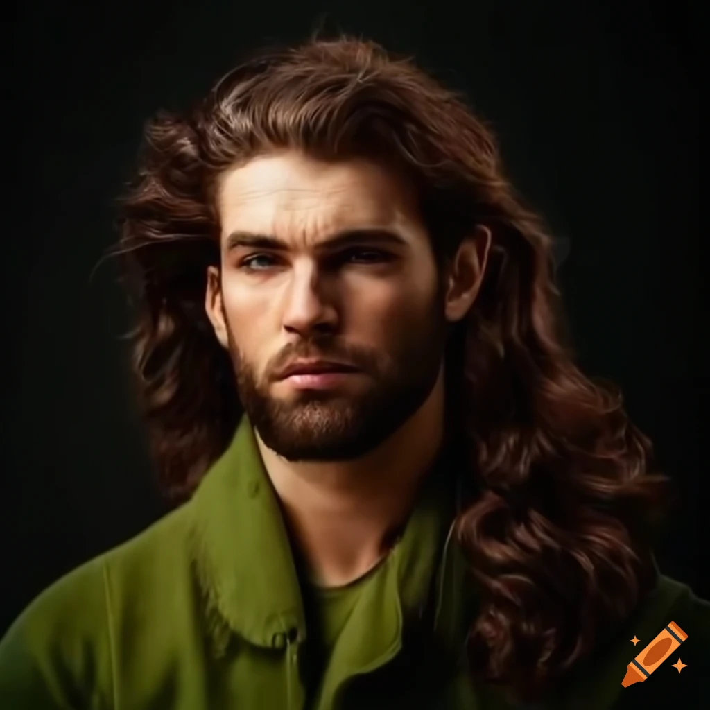 Handsome man with brown wavy hair and beard in green jacket on Craiyon