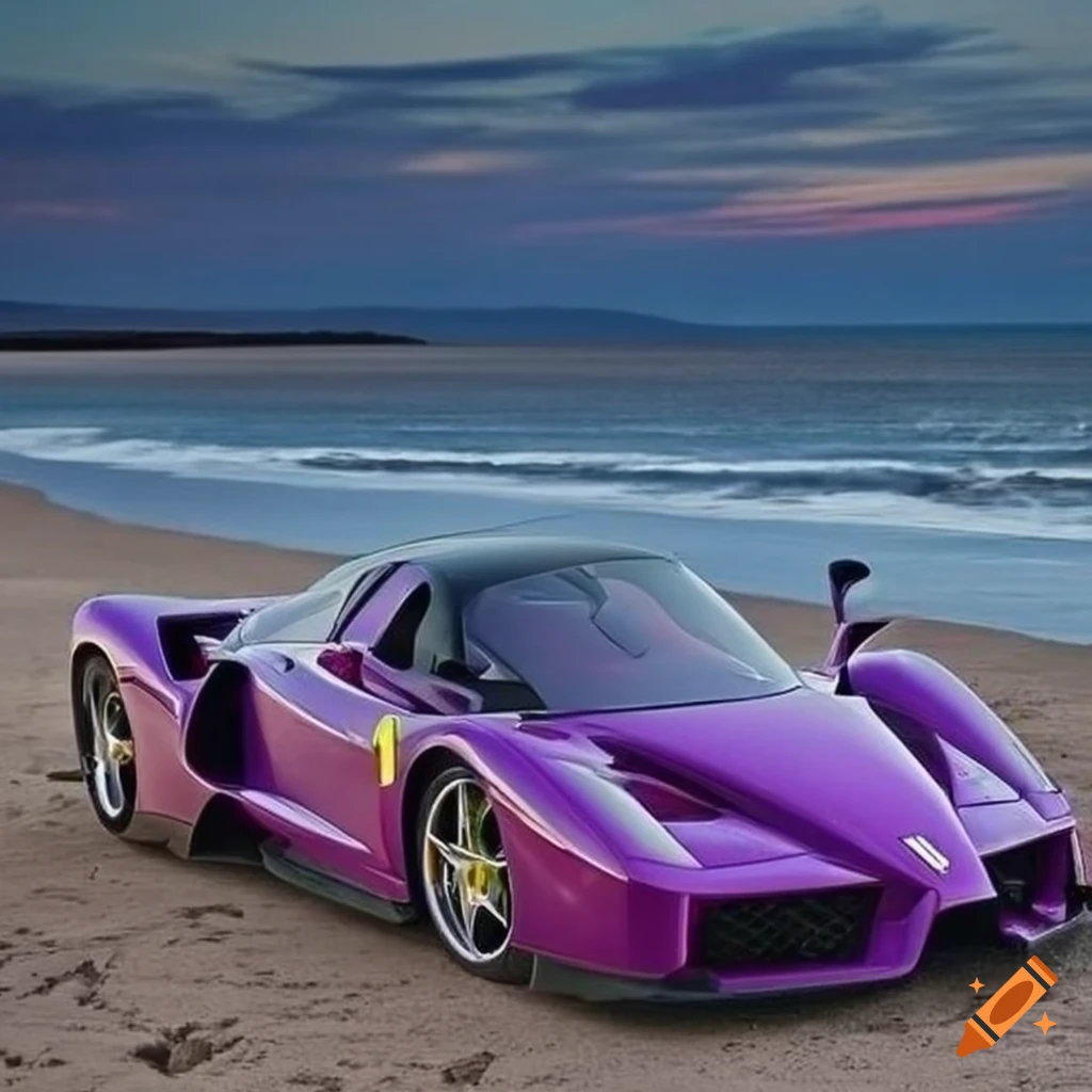 Purple ferrari enzo by the beach at night on Craiyon