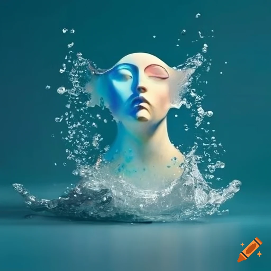 Surreal marble sculpture of a geometric human face with iridescent water on Craiyon