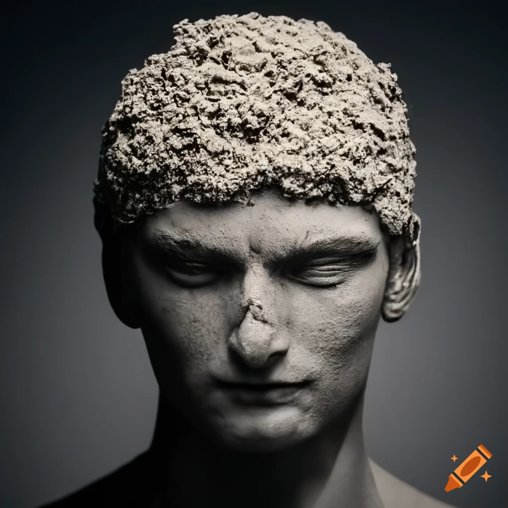 Artistic sculpture of a male head made of sand on Craiyon