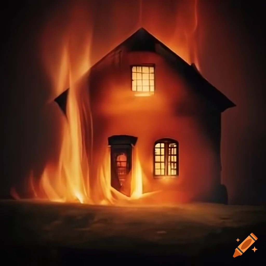 House on fire captured from a low angle on Craiyon