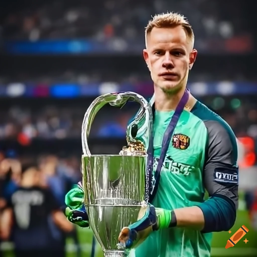 Ter Stegen celebrating with the Champions League trophy on Craiyon