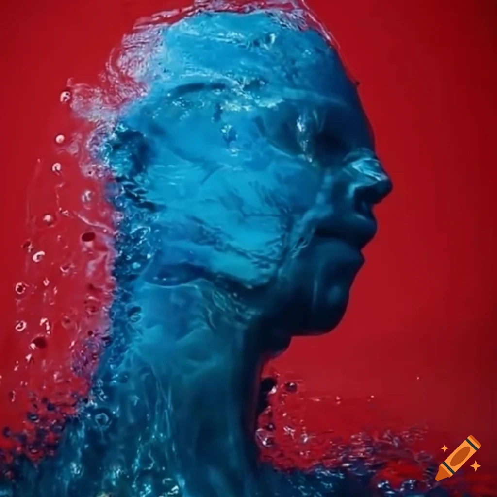 Surreal artwork of a blue water man walking in red water