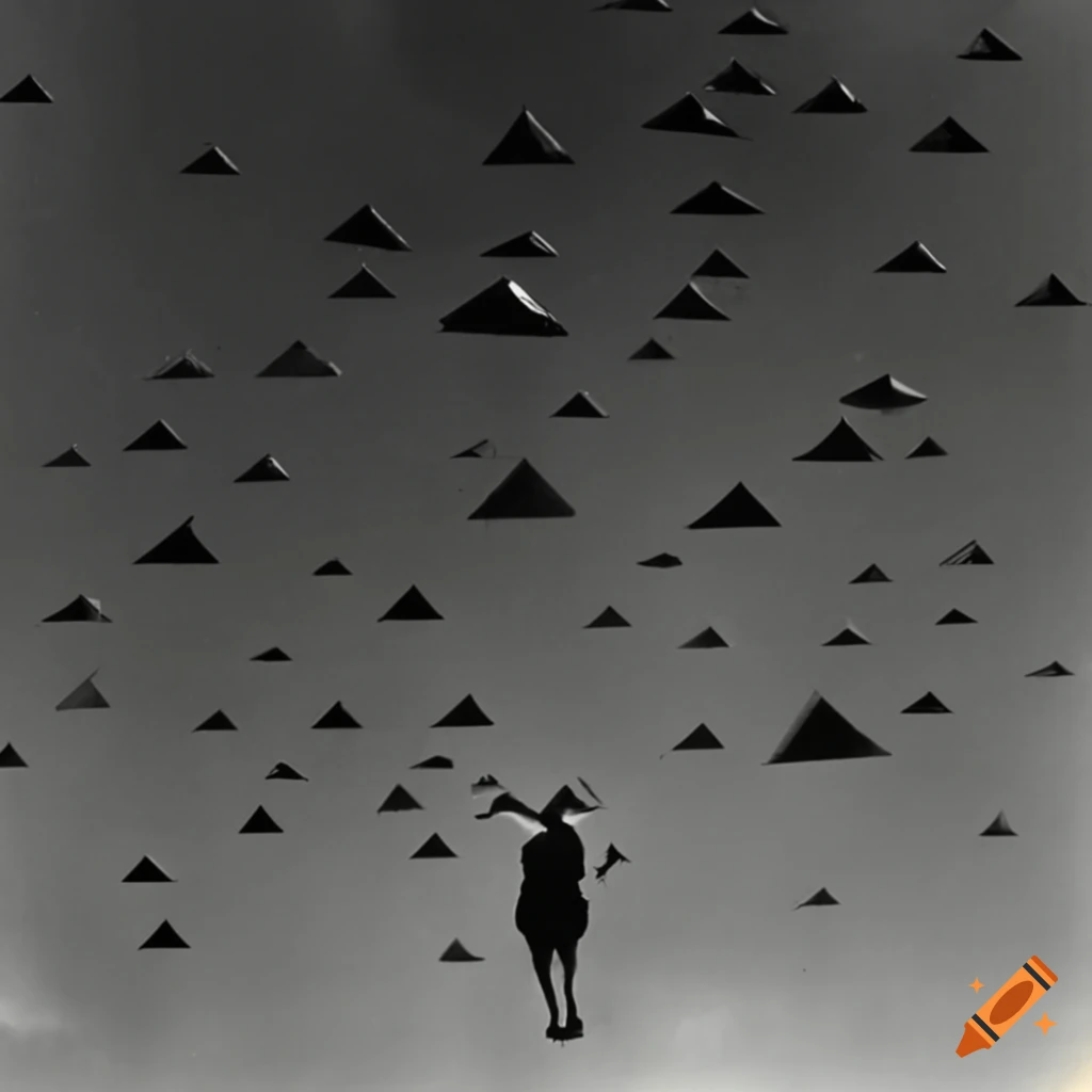 Grainy black and white photo of people pointing at floating triangles ...