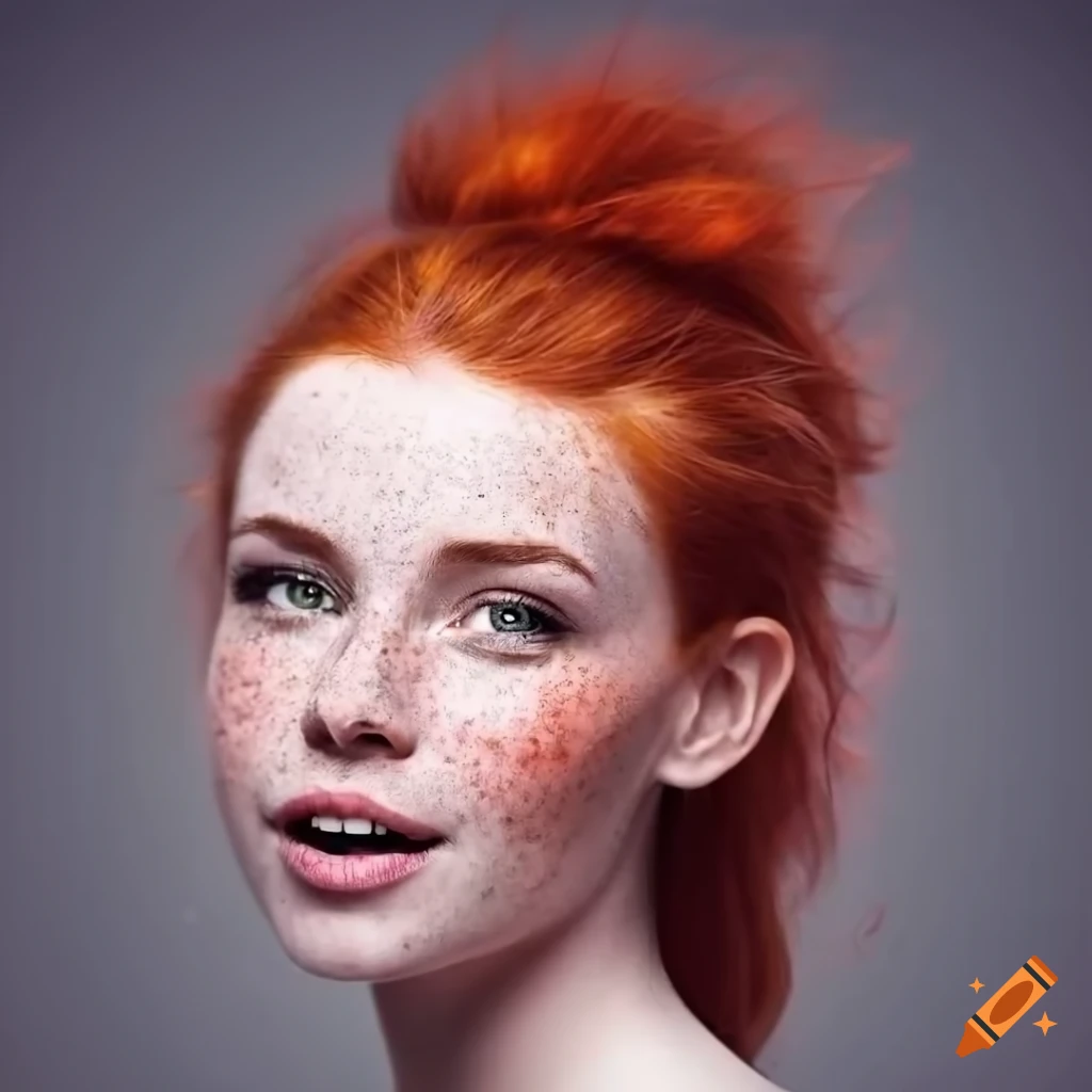 Portrait of a young woman with freckles and red hair on Craiyon