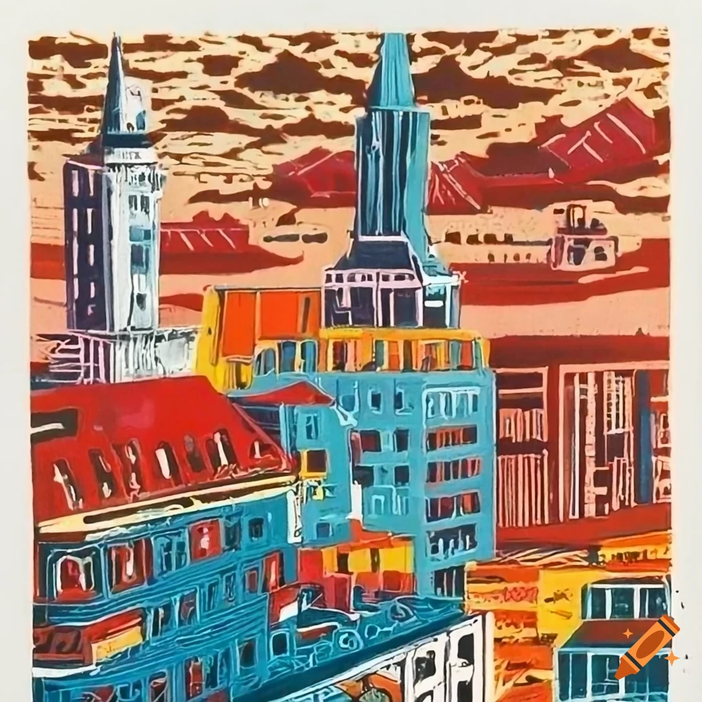 Colorful lino print of a 1950's comic cityscape with flying machines on ...