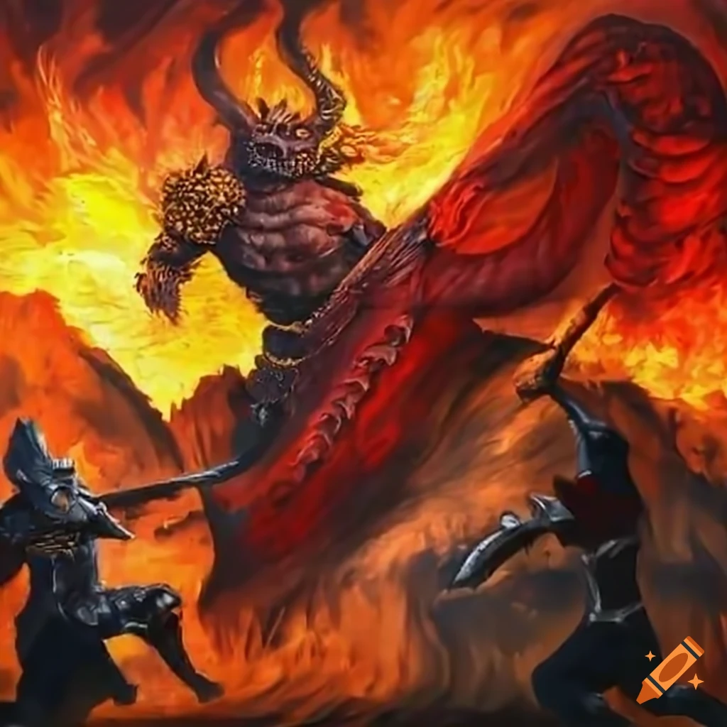 Artwork of a demon and paladin engaged in a fiery battle on Craiyon