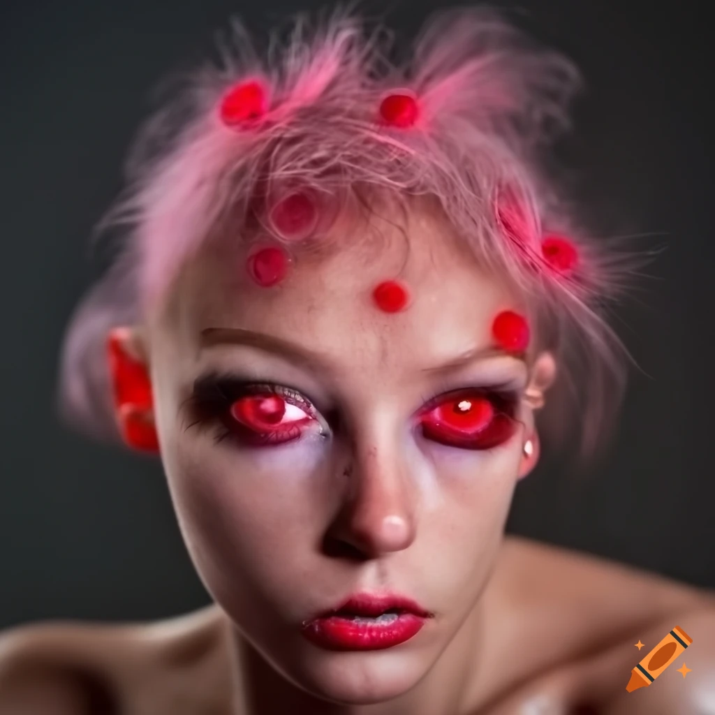 Close-up of a person with bulging red eyes and crazy hair on Craiyon