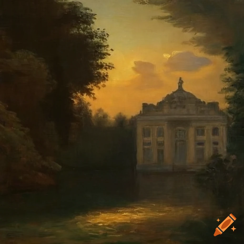 Neoclassical landscape painting with a house on stairs and lanterns on ...
