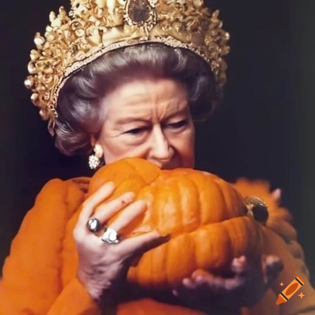Photograph of the queen of england with a giant pumpkin on Craiyon