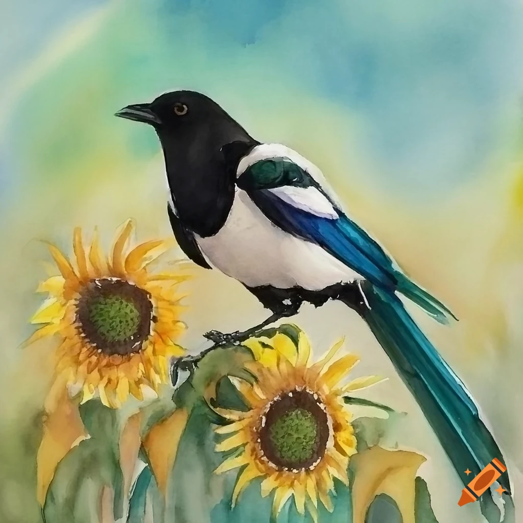 Watercolor of a magpie on a cornstalk on Craiyon