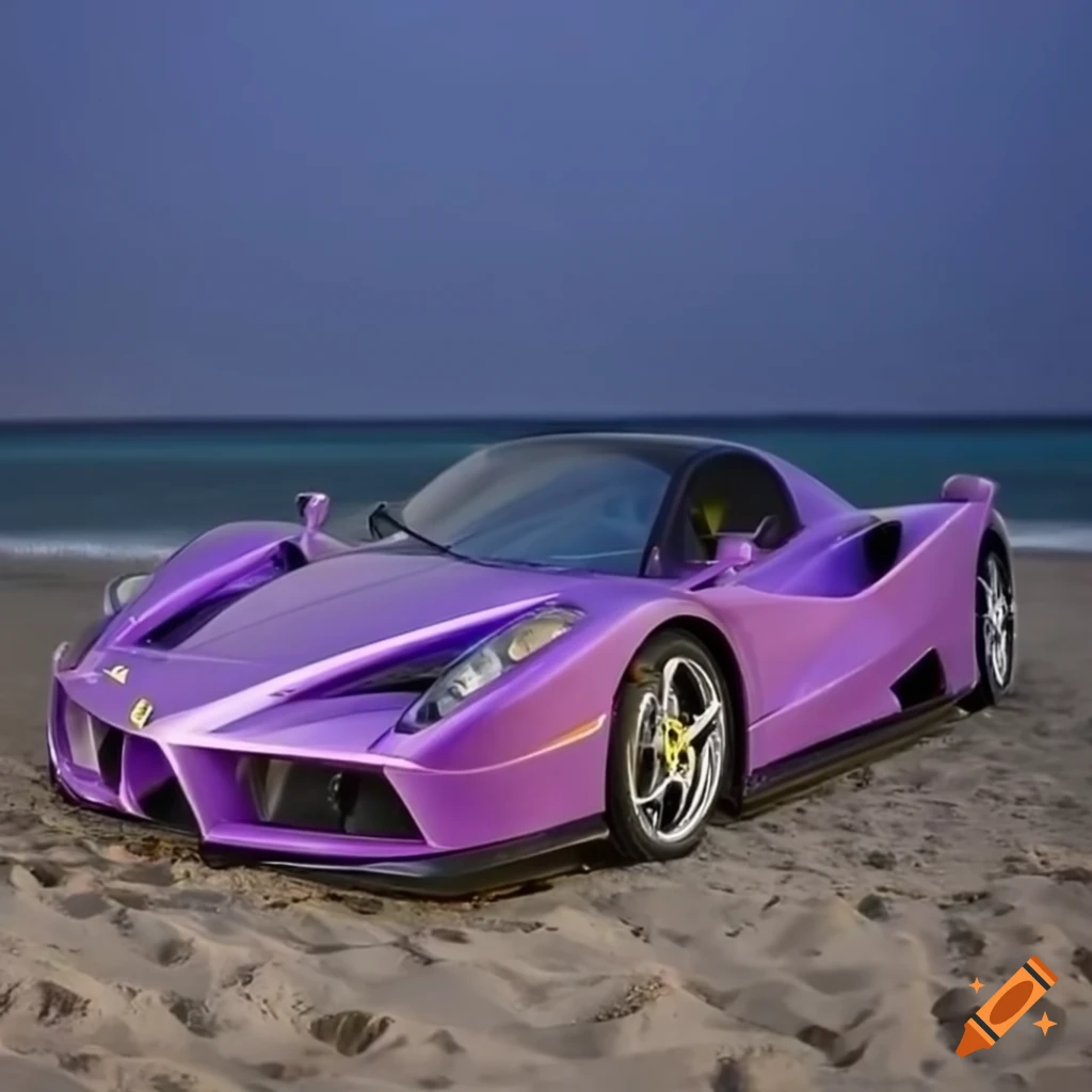 Purple ferrari enzo at the beach at night on Craiyon