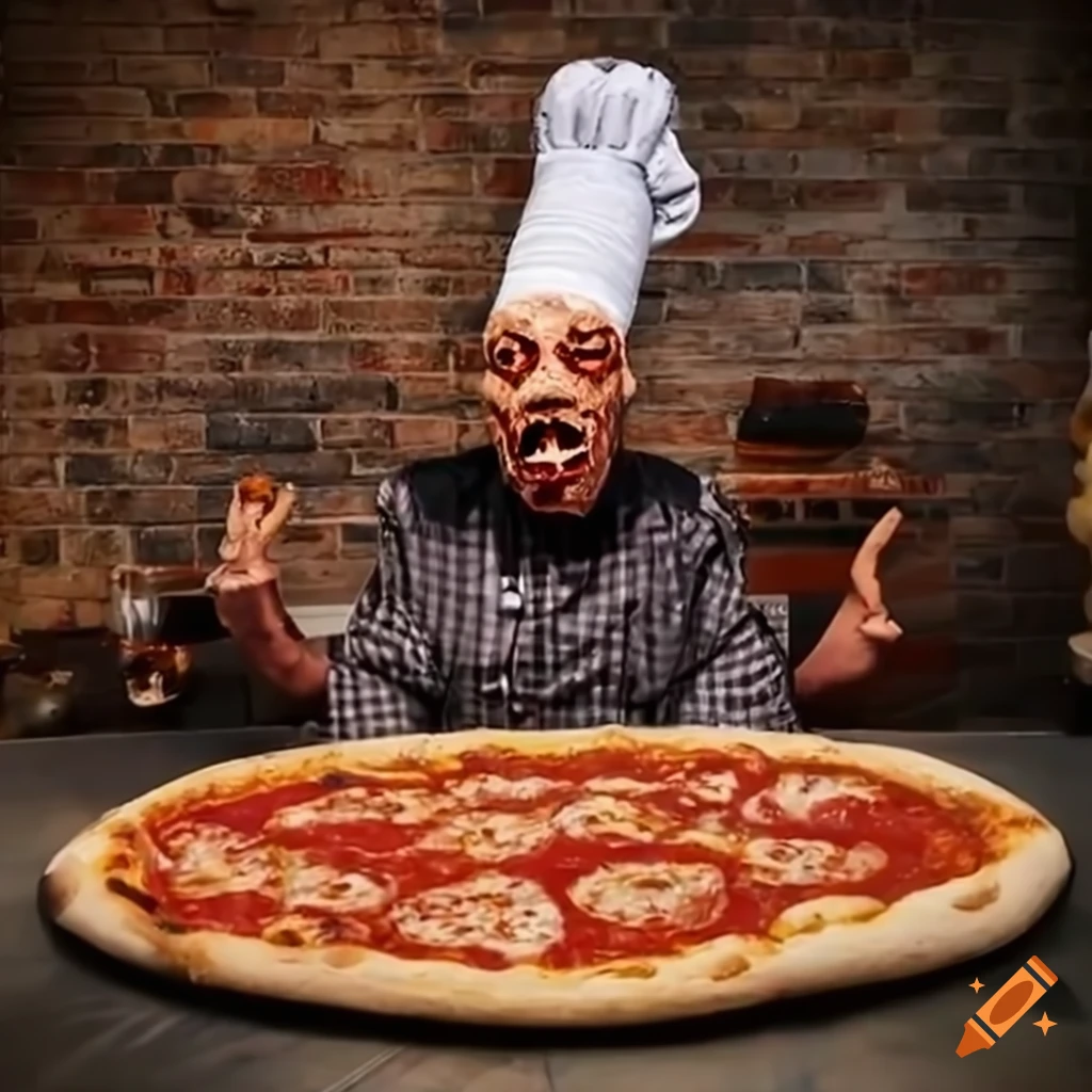 Scary pizza restaurant with a creepy chef cooking pizza on Craiyon