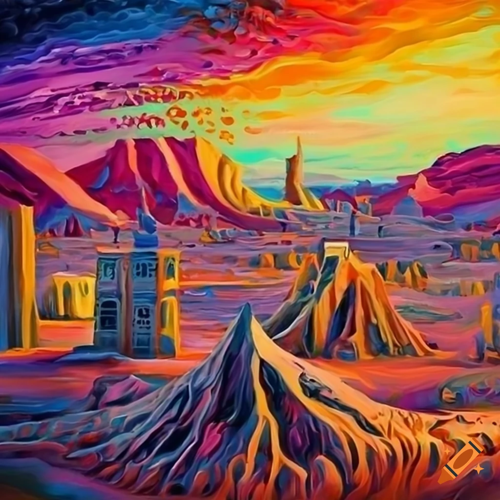 Psychedelic oil painting of a detailed desert cityscape on Craiyon
