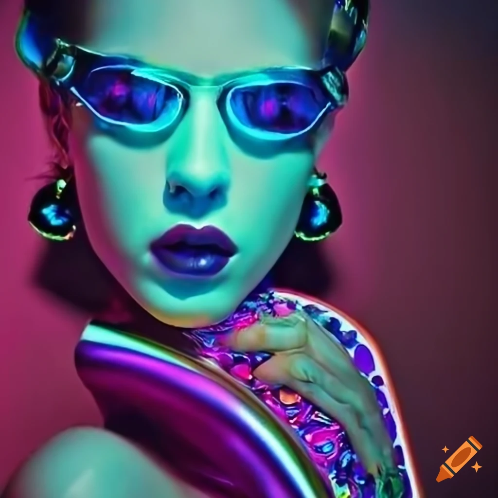 Surreal fashion model in neon-colored clothes on Craiyon