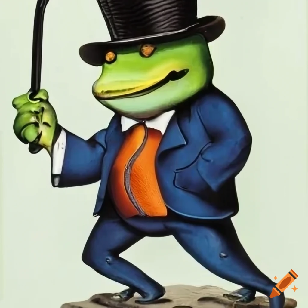 Funny illustration of a frog in a suit and top hat on Craiyon